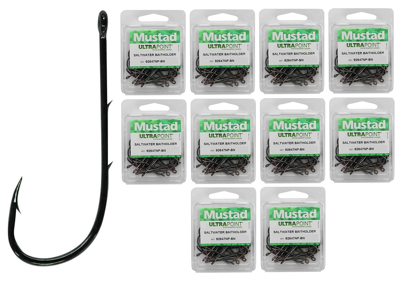 10 Boxes of Mustad 92647NPBLN Long Baitholder Chemically Sharpened ...