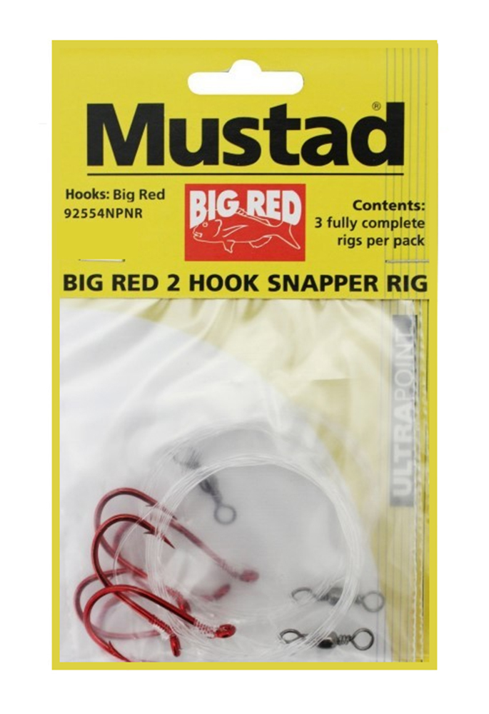 1 x Packet of 3 Mustad Big Red Snapper Rigs-2 Hook Pre-Tied Snelled ...